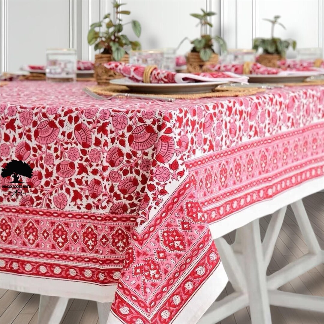 IRA Red Floral Handblock Print Cotton Tablecloth:homedecor. - Etsy