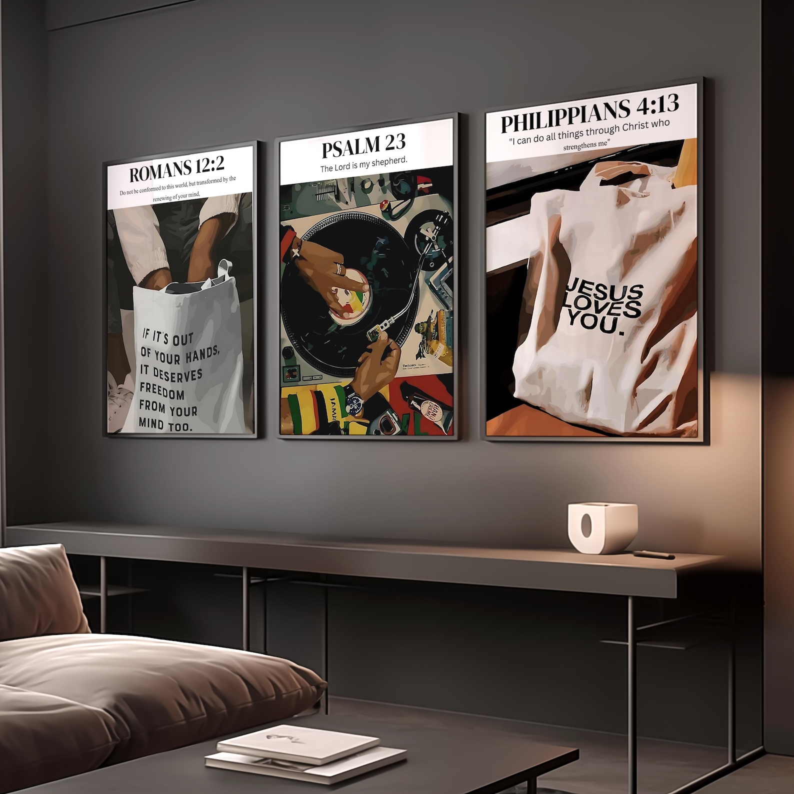 Set of 3 Black Christian Men Wall Art, Scripture Print, Bible Verse ...