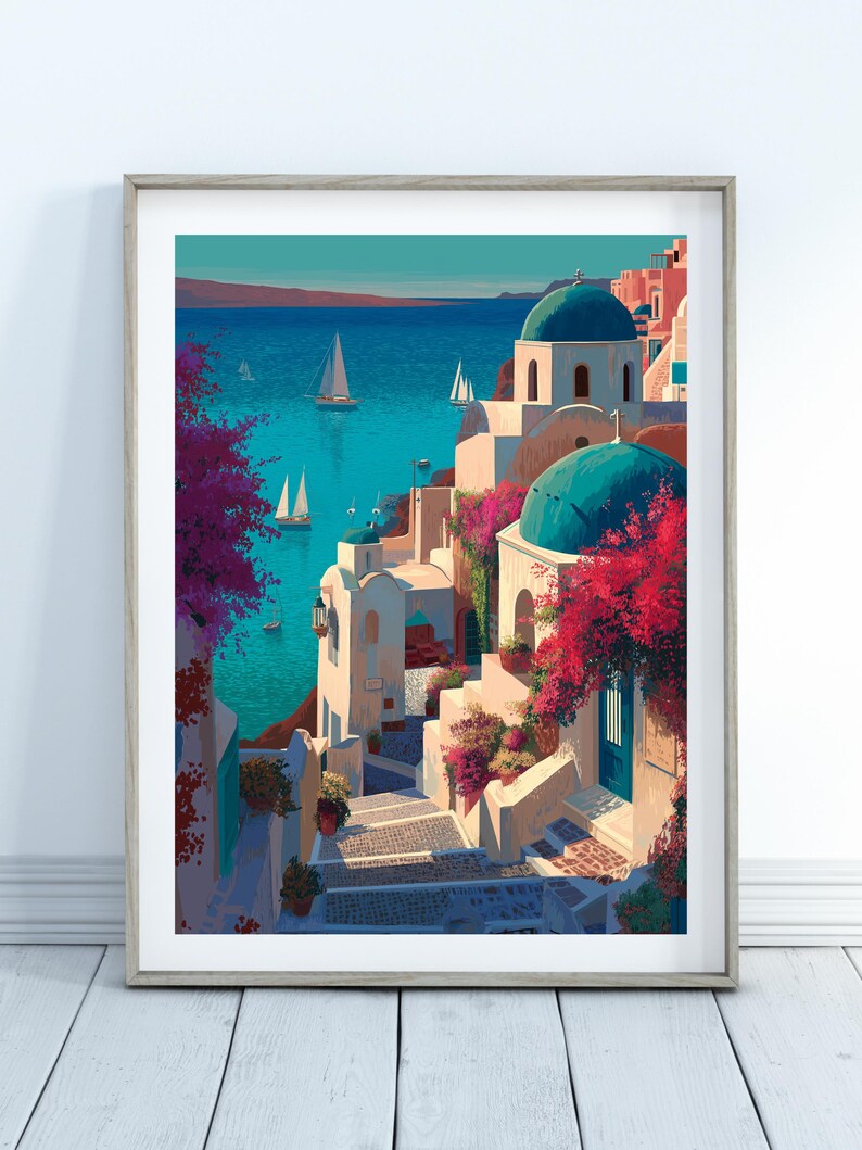 Greek Watercolour Print - Coastal Aegean Poster, Pink Bougainvillea ...