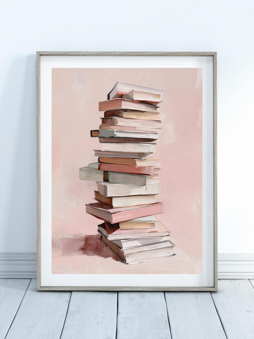 Pastel Book Stack Print - Pink Bookish Reading Poster, Minimalist ...
