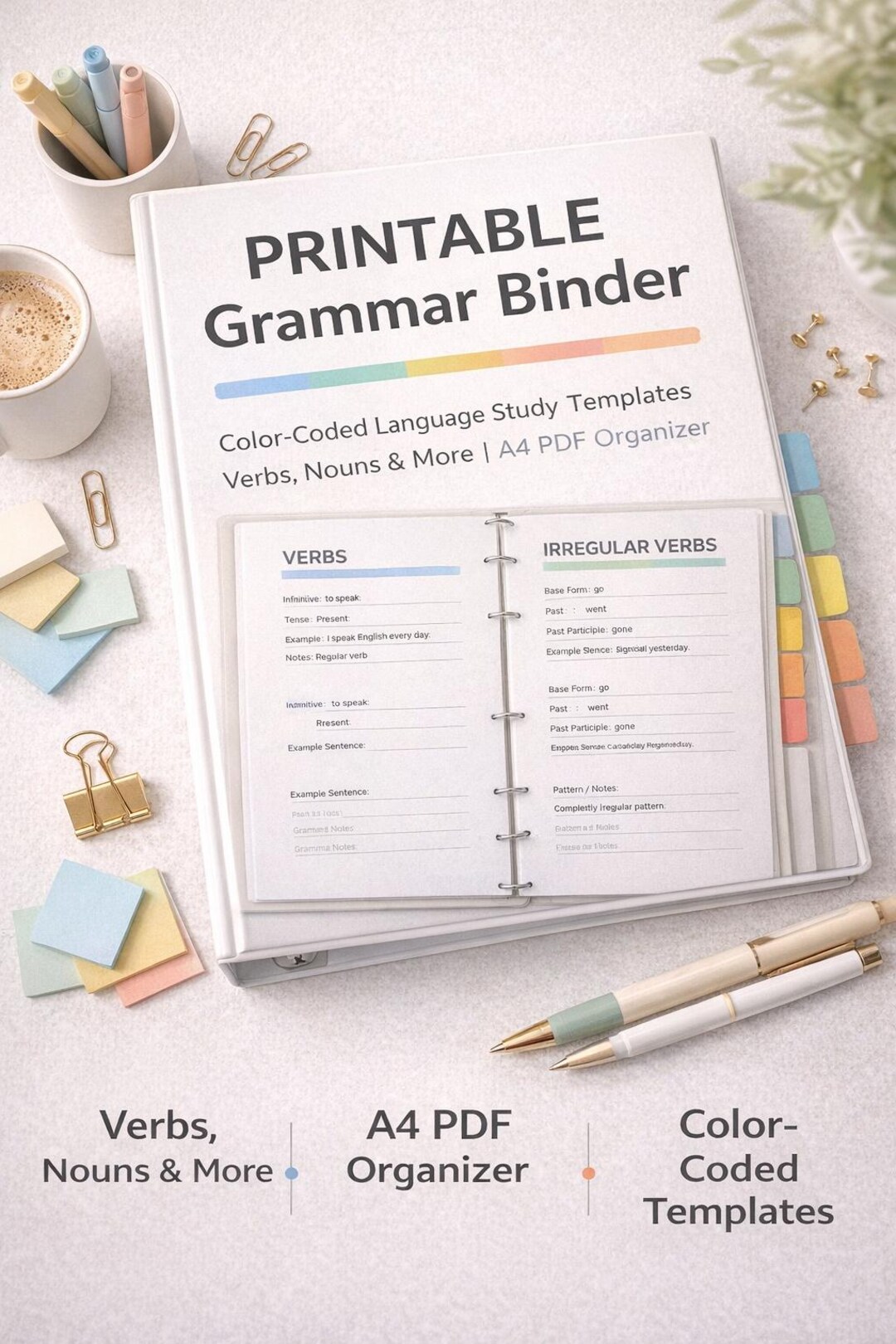 Printable Grammar Binder | Color-coded Language Study Templates | Verbs ...