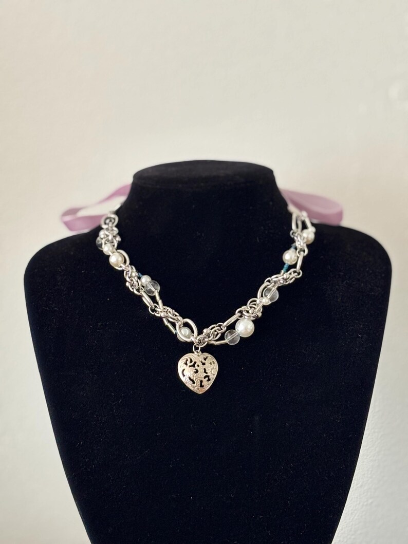 Handmade Heart Chain Velvet Ribbon Necklace - Etsy