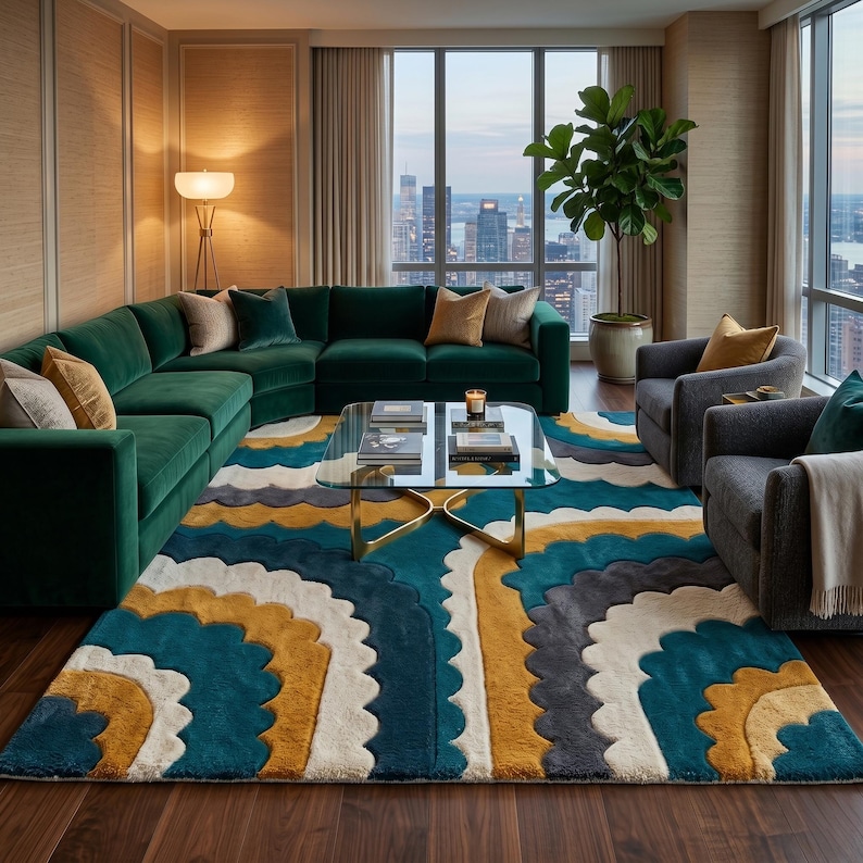 Buy Modern Art Deco Area Rug, Teal Mustard Wave Pattern Rug, Mid ...