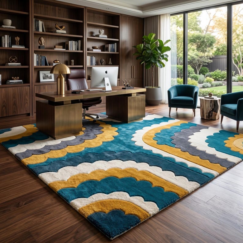 Buy Modern Art Deco Area Rug, Teal Mustard Wave Pattern Rug, Mid ...