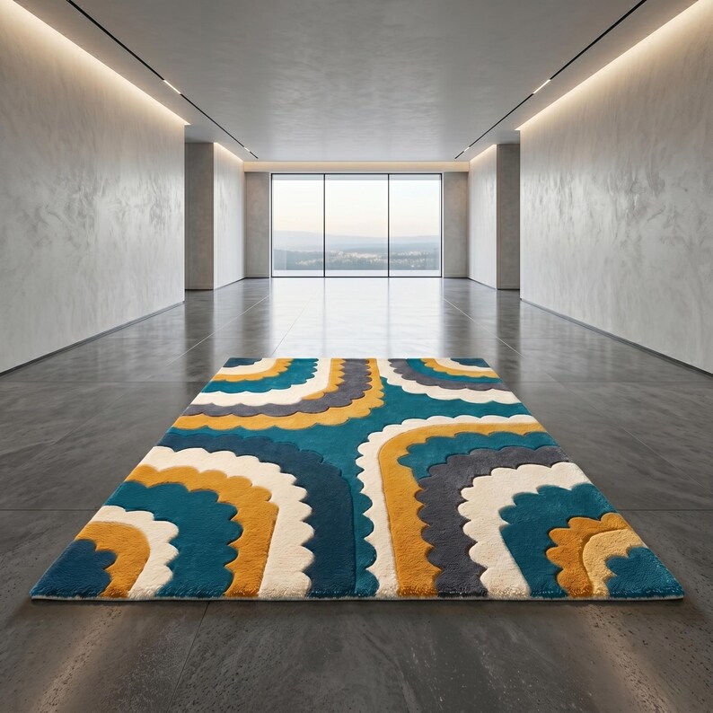 Buy Modern Art Deco Area Rug, Teal Mustard Wave Pattern Rug, Mid ...