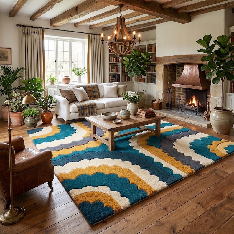 Buy Modern Art Deco Area Rug, Teal Mustard Wave Pattern Rug, Mid ...
