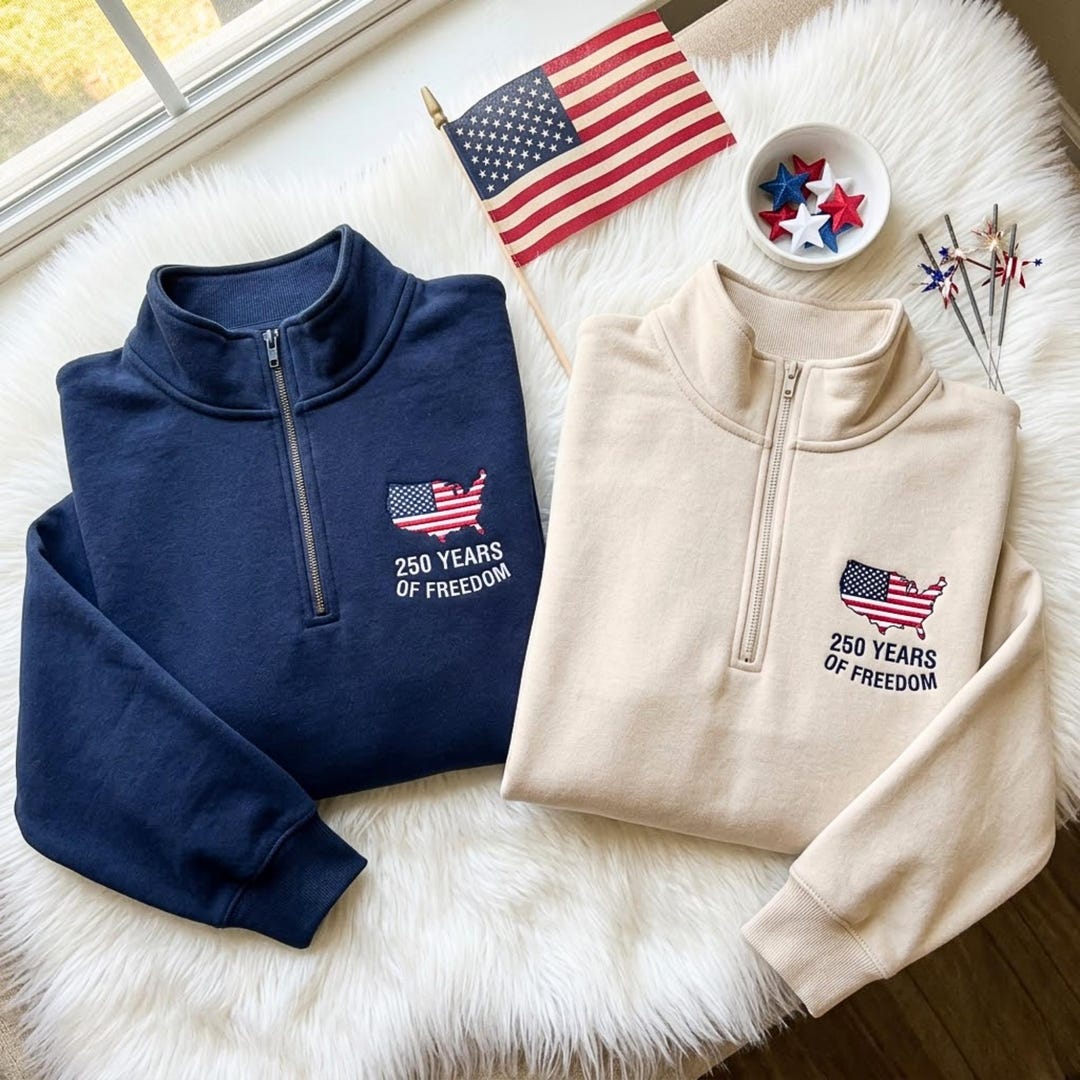Embroidered USA Flag Map Quarter Zip Sweatshirt, Patriotic 250 Years ...