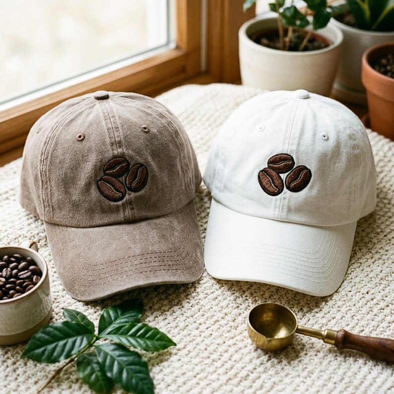 Washed Cotton Cap With Coffee Bean Embroidery – Vintage Feel Dad Hat - Etsy