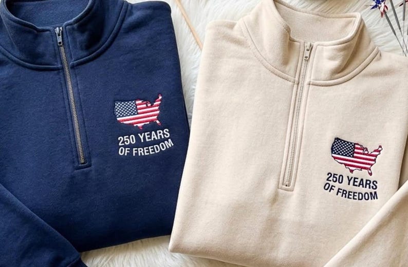 Embroidered USA Flag Map Quarter Zip Sweatshirt, Patriotic 250 Years ...