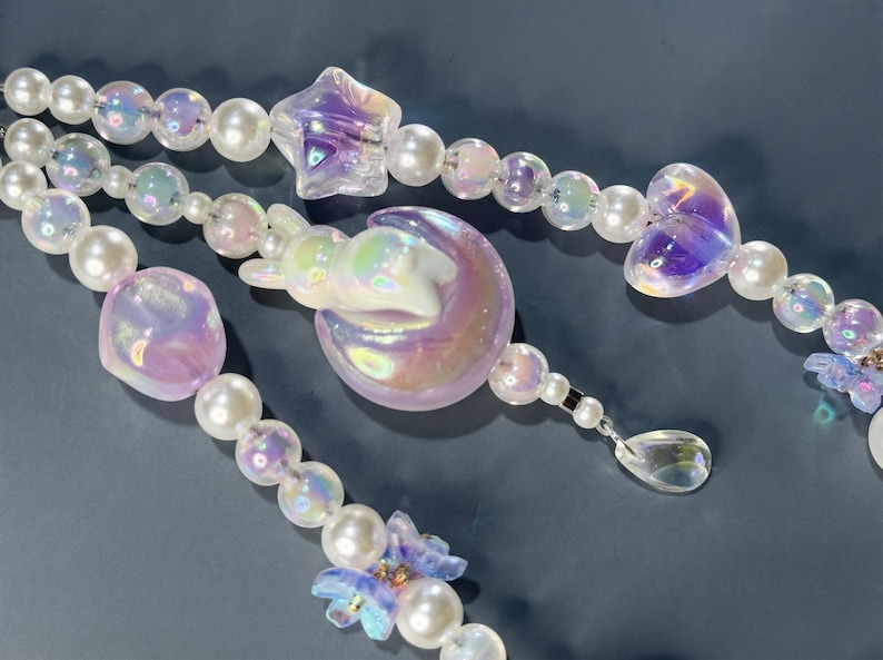 Pastel Purple Pink Phone Strap With Tassel and Bunny on Moon, Star ...