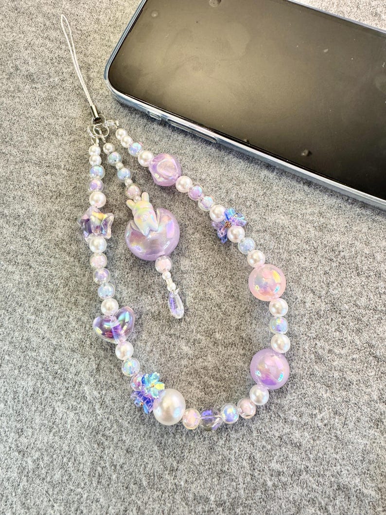 Pastel Purple Pink Phone Strap With Tassel and Bunny on Moon, Star ...