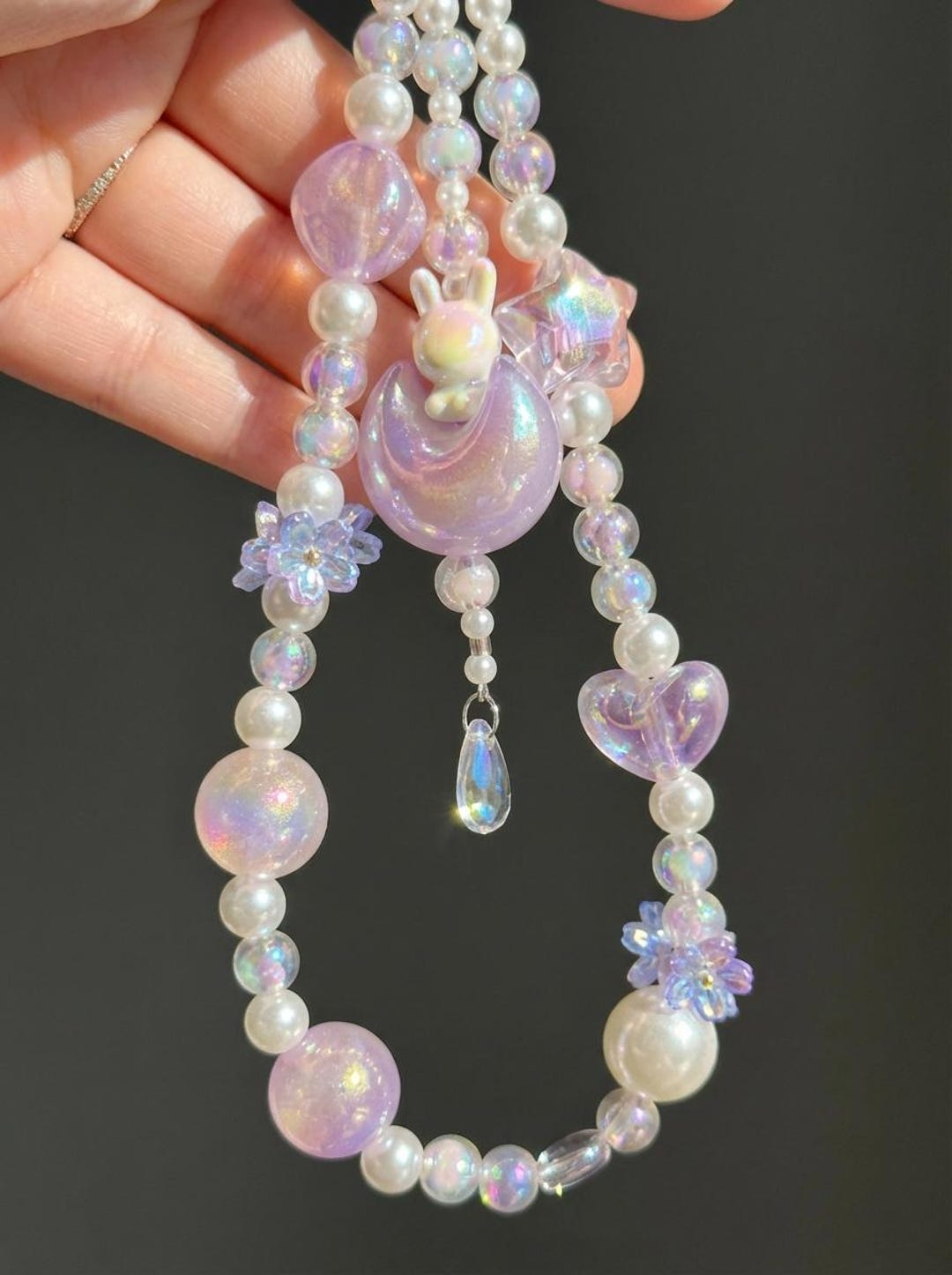 Pastel Purple Pink Phone Strap With Tassel and Bunny on Moon, Star ...