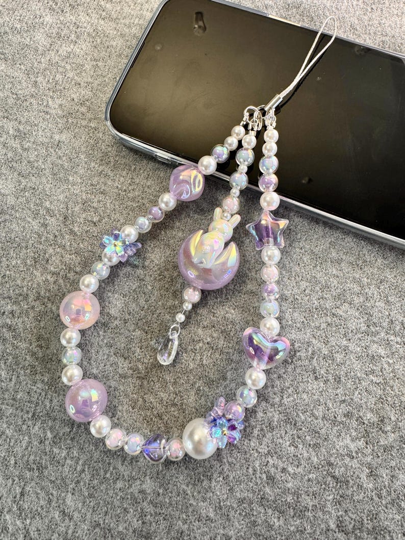 Pastel Purple Pink Phone Strap With Tassel and Bunny on Moon, Star ...