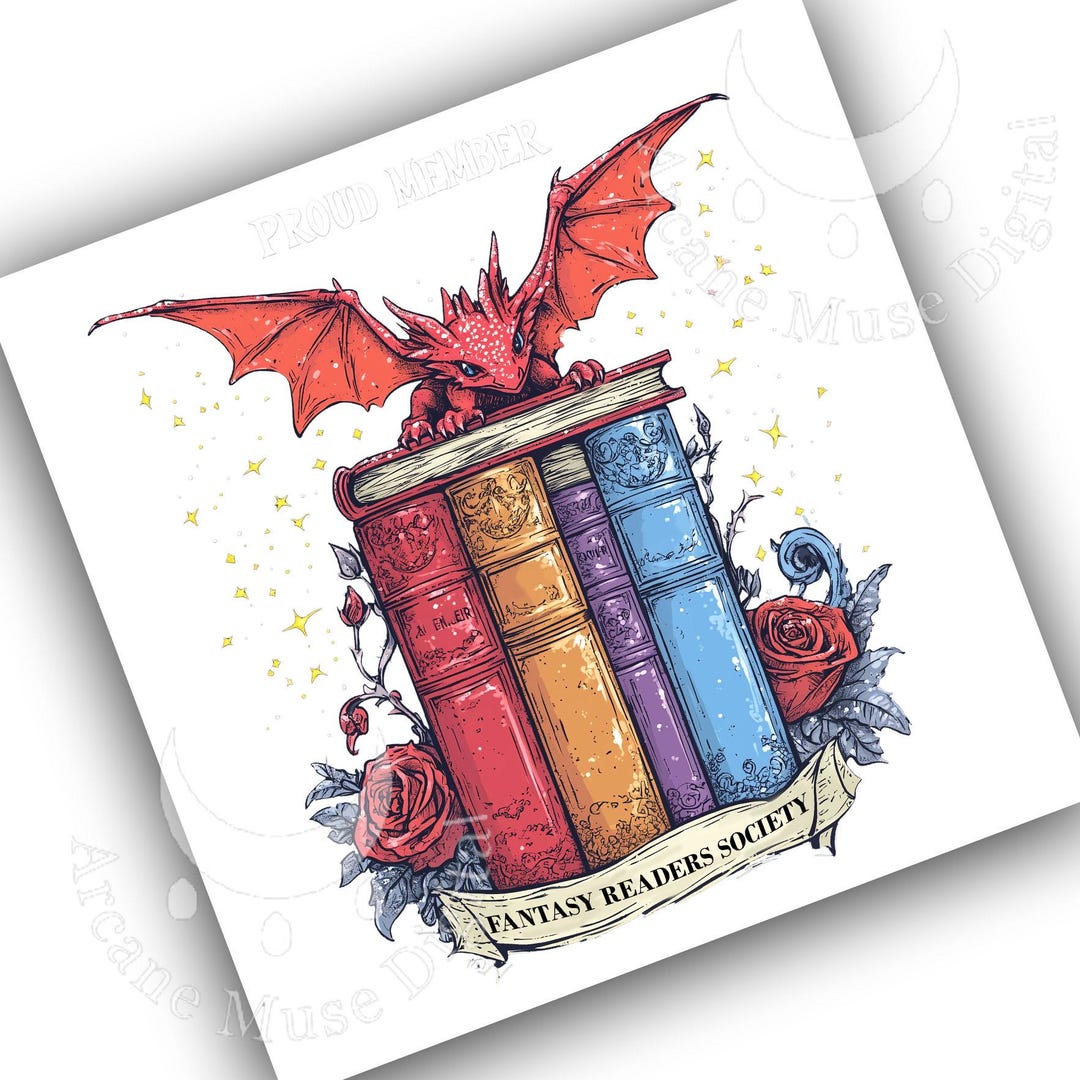 Fantasy Readers Society PNG: Dragon Book Stack Sublimation Design ...