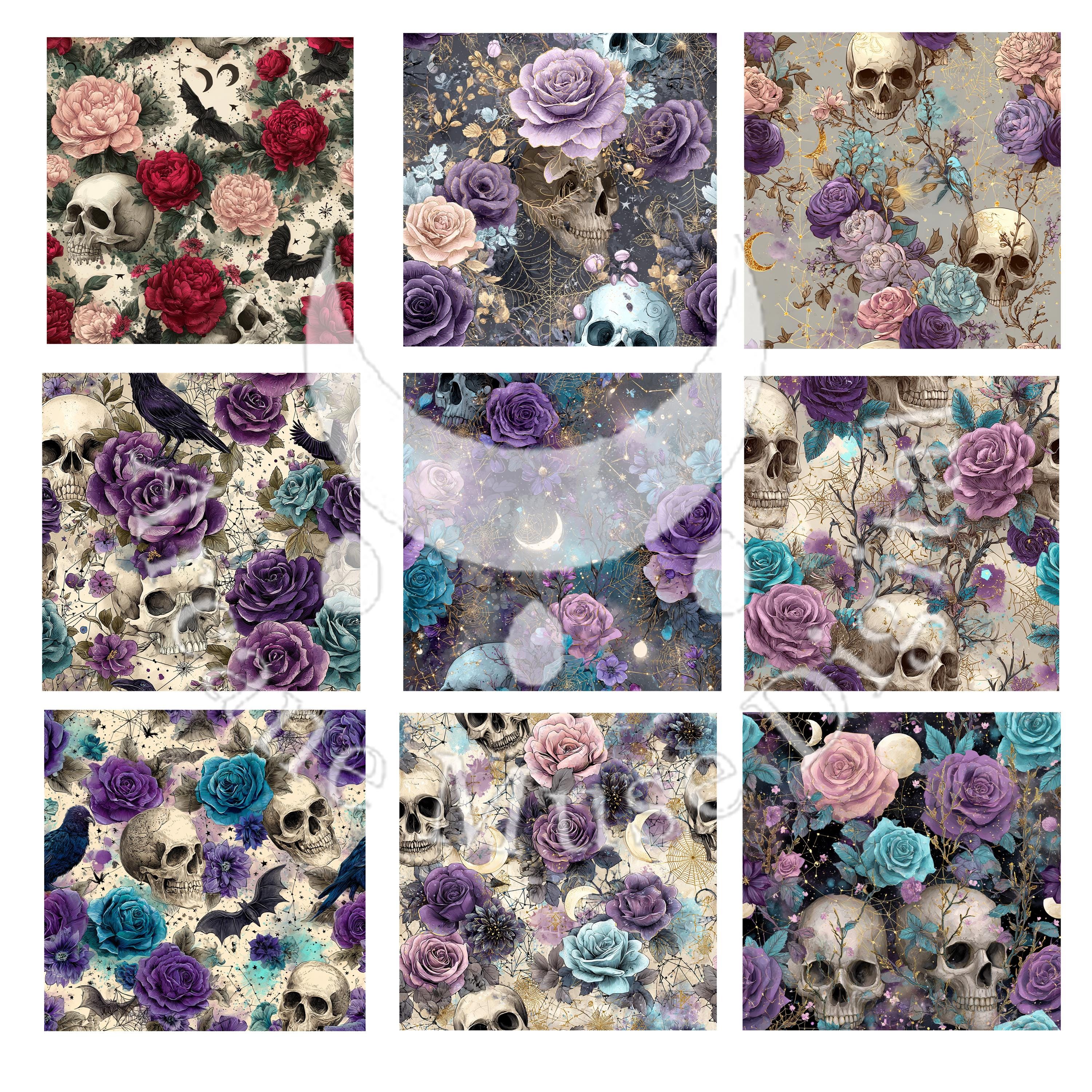 Skulls & Flowers Celestial Gothic Watercolor Seamless Digital Paper ...