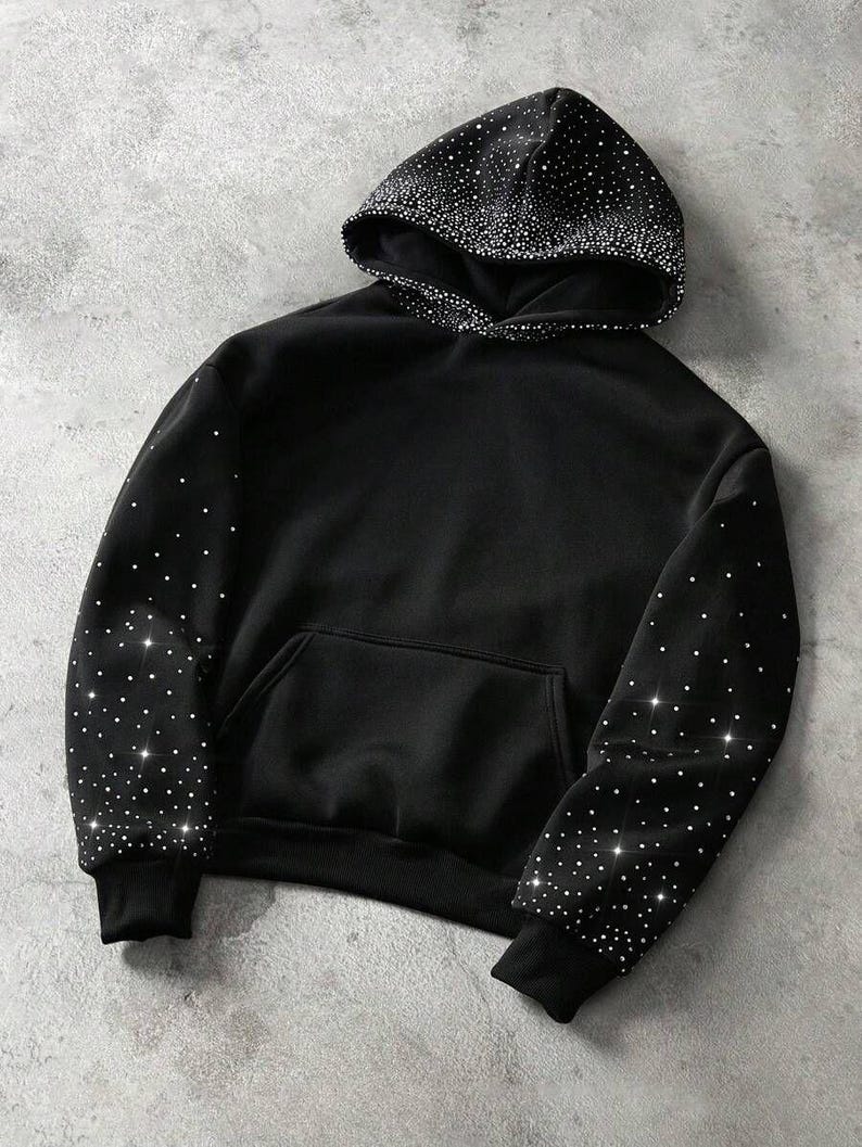 Handmade Rhinestone Hoodie With Sparkling Crystal Details, Cozy Glitter ...
