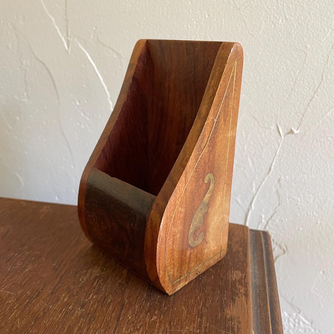 Vintage Wood Business Card Holder | Brass Inlay | Desk Top Card Holder ...
