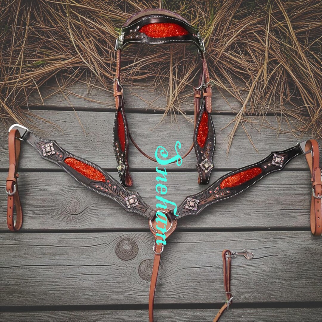 Western Saddle Horse Red Leather Tack Set Bridle + Breast Collar Size ...