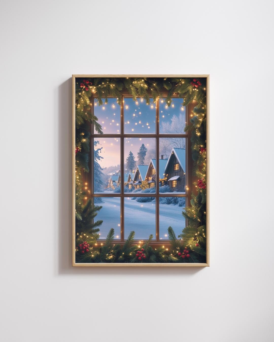 Rustic Christmas Window Poster – Winter Lights Illustration – Warm Fall ...