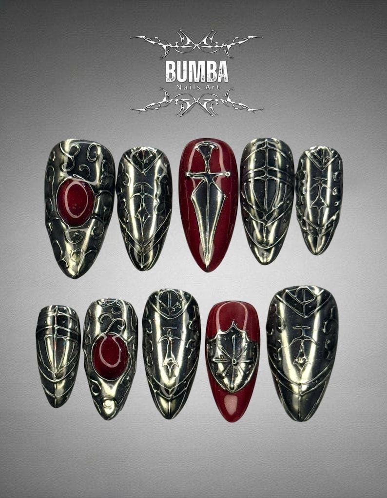 Medieval Knight Armor Press on Nails | Gothic Red & Silver Shield Nails ...