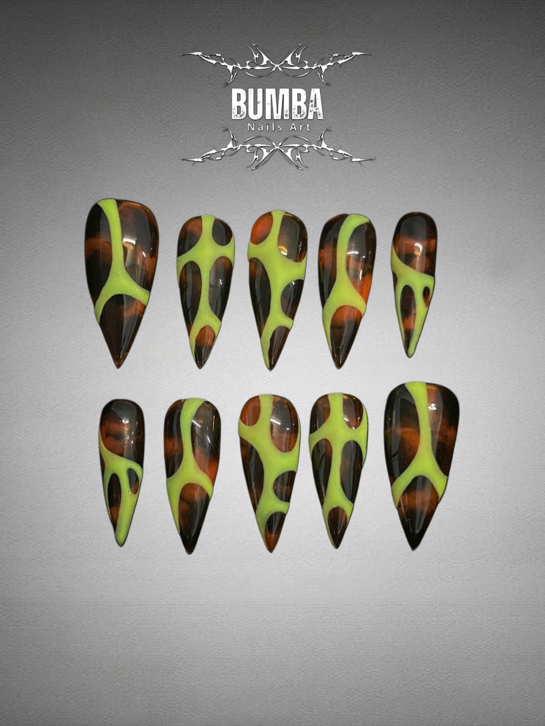 Tortoise Shell Stiletto Press on Nails | Neon Green Drip, Reusable - Etsy