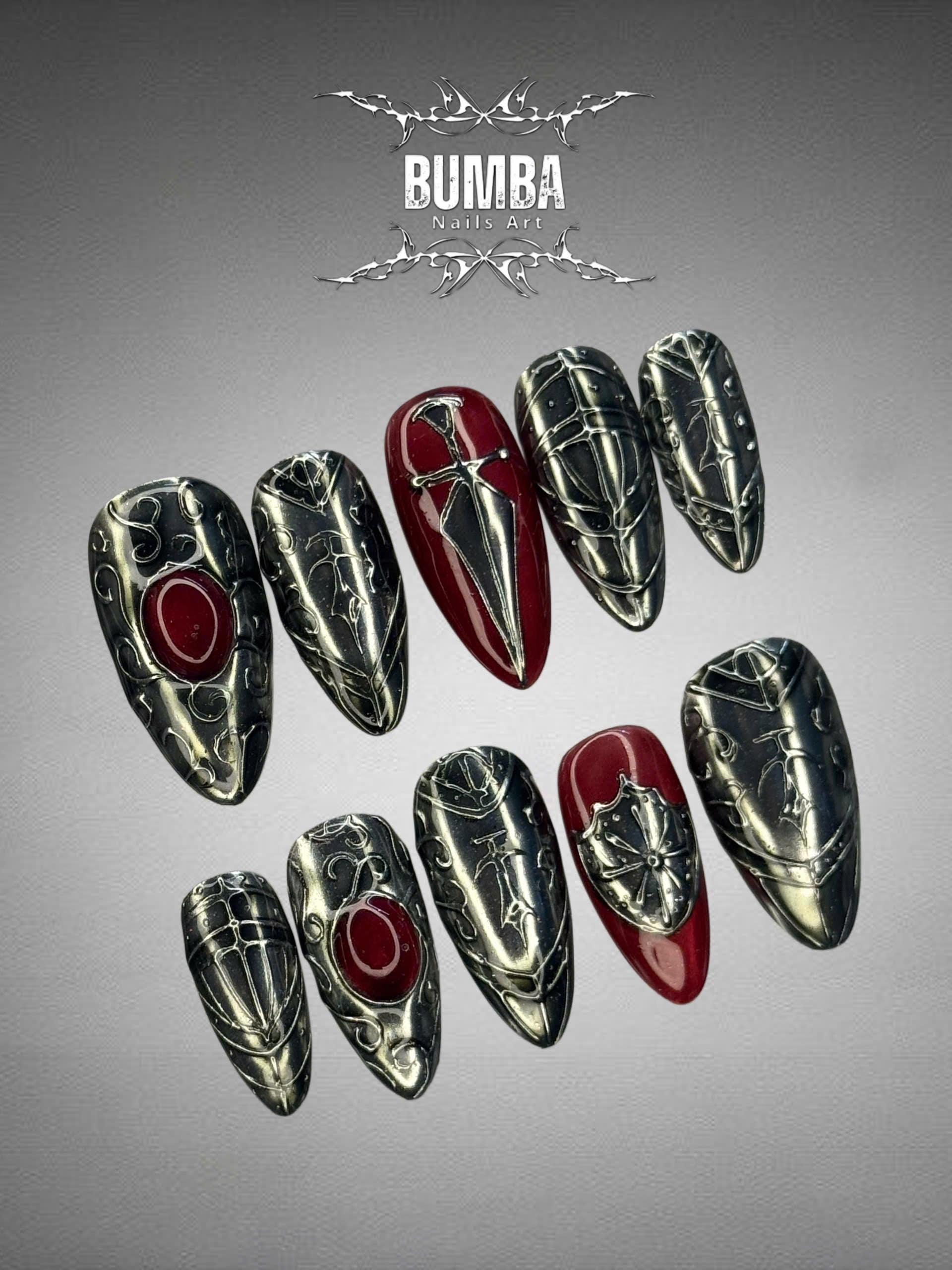 Medieval Knight Armor Press on Nails | Gothic Red & Silver Shield Nails ...