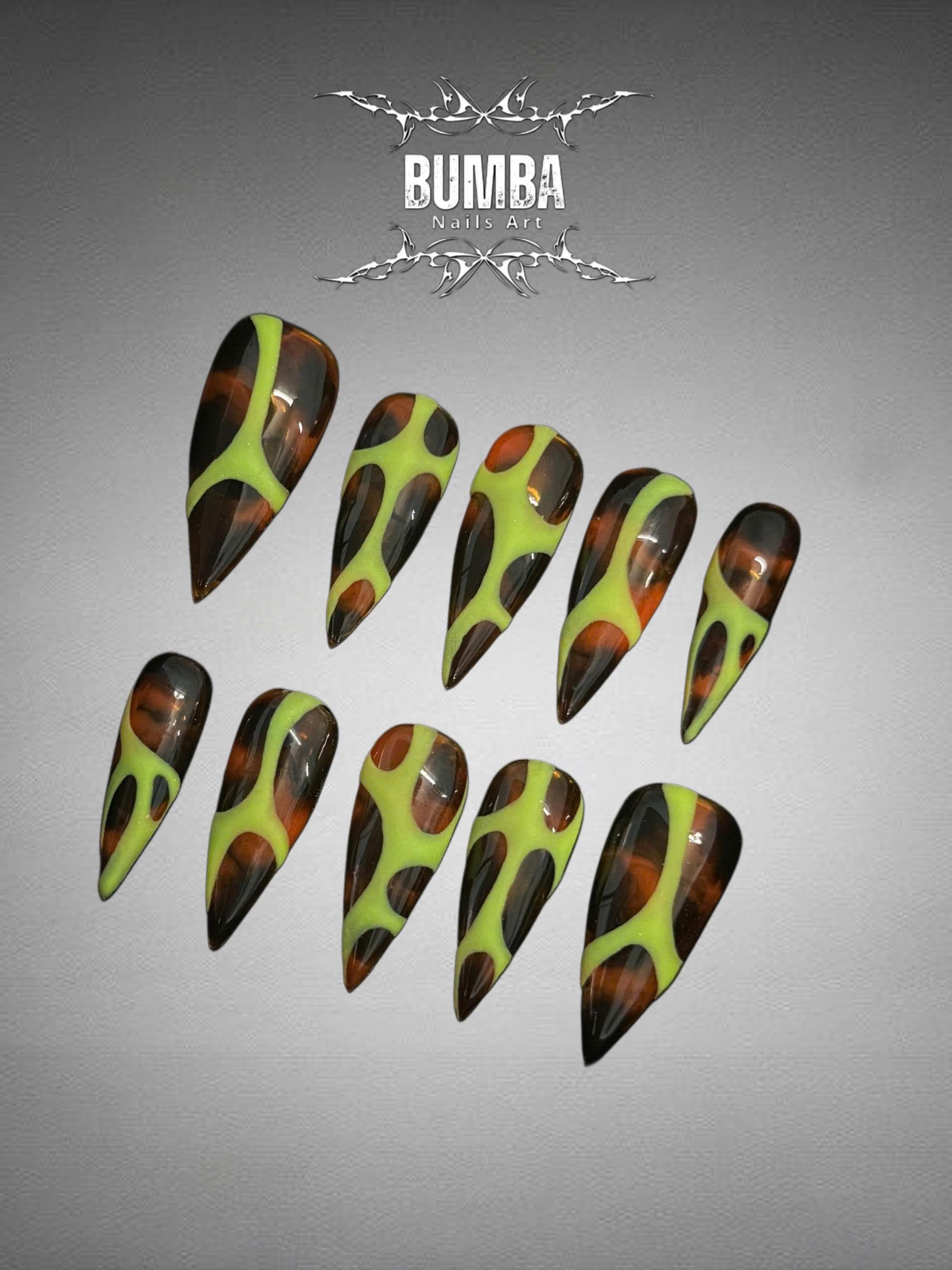 Tortoise Shell Neon Long Stiletto Press on Nails | Brown Jelly Slime ...