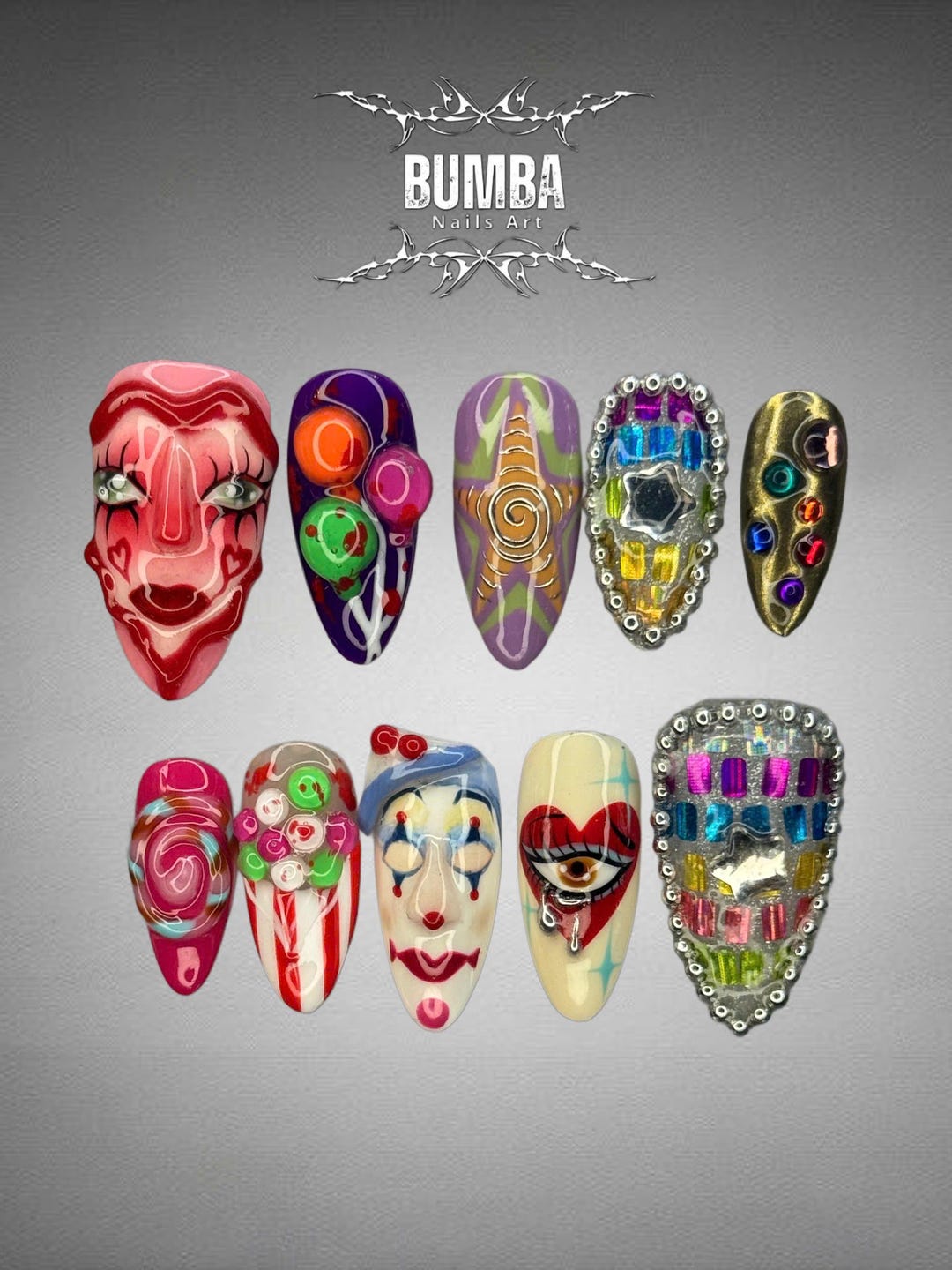 Avant Garde Clown Pop Art Nails Medium Almond | Surreal Circus Press on ...
