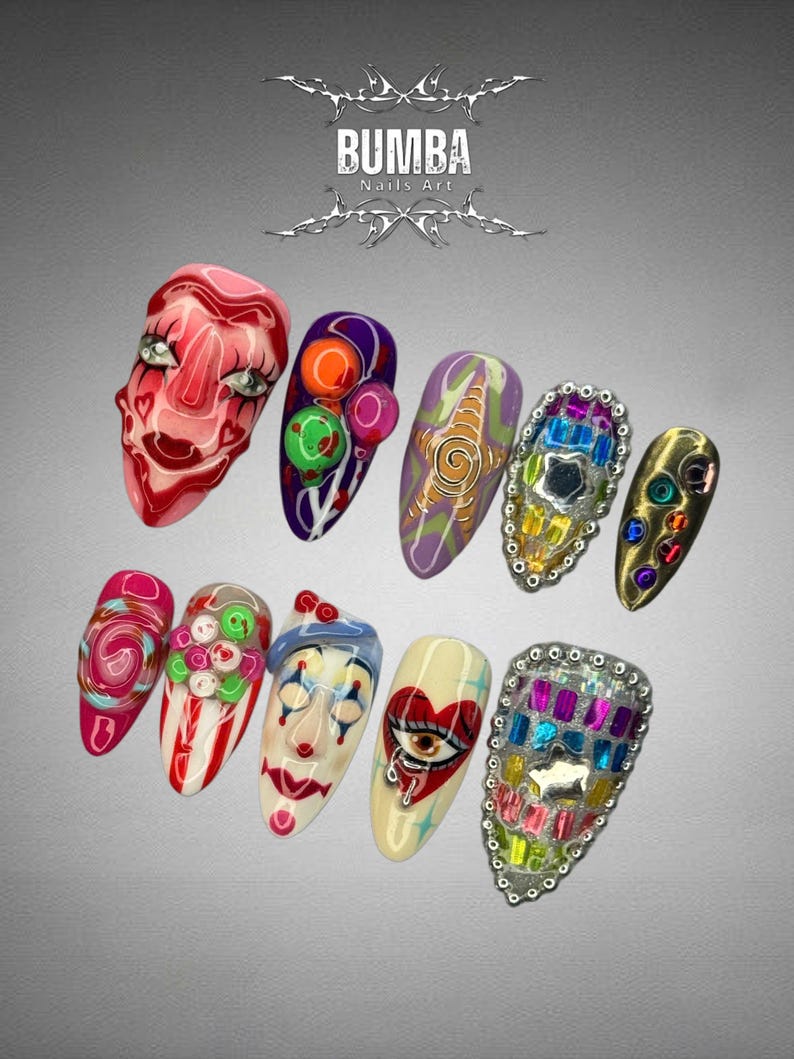 Avant Garde Clown Pop Art Nails Medium Almond | Surreal Circus Press on ...