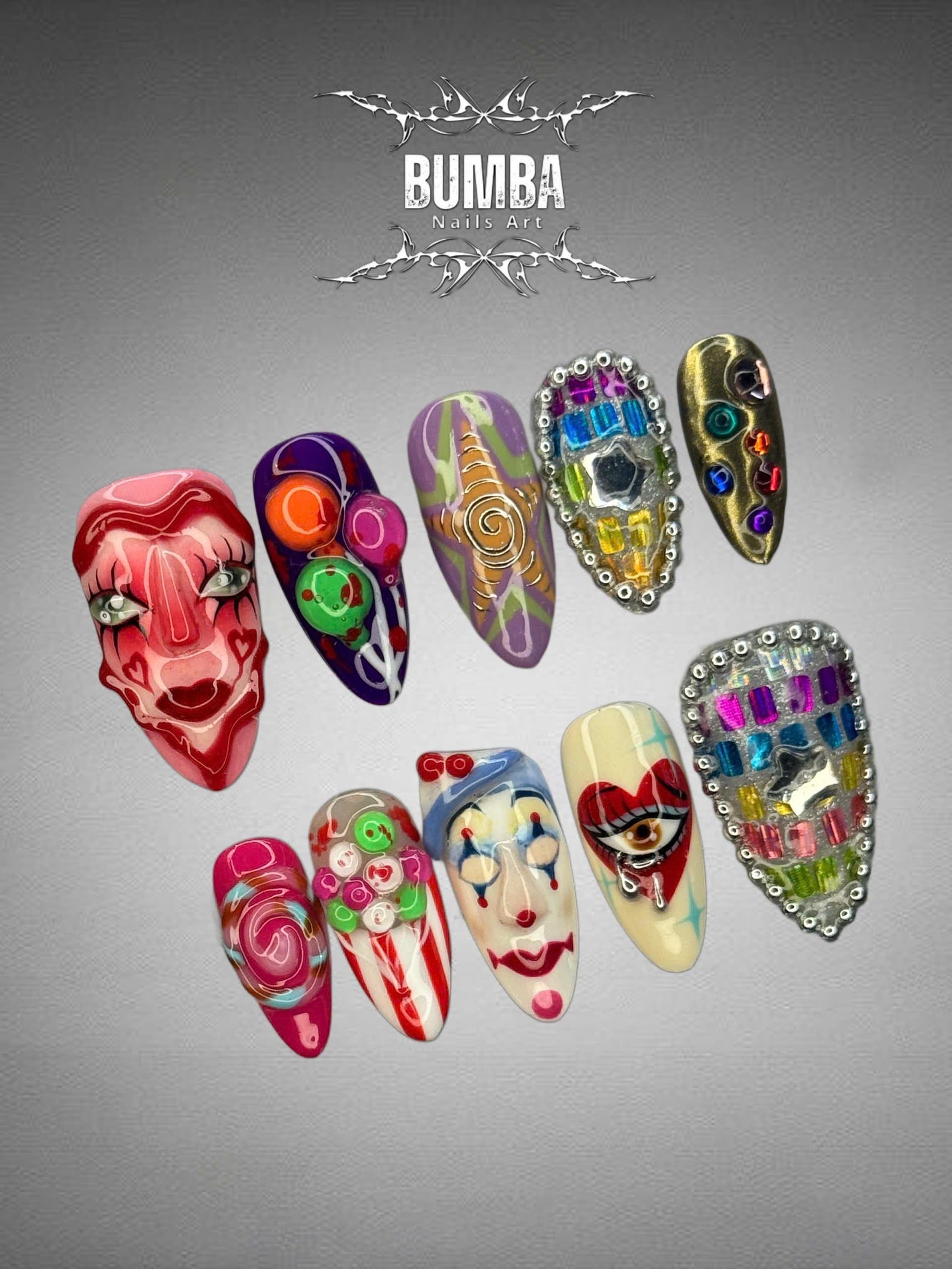 Avant Garde Clown Pop Art Nails Medium Almond | Surreal Circus Press on ...