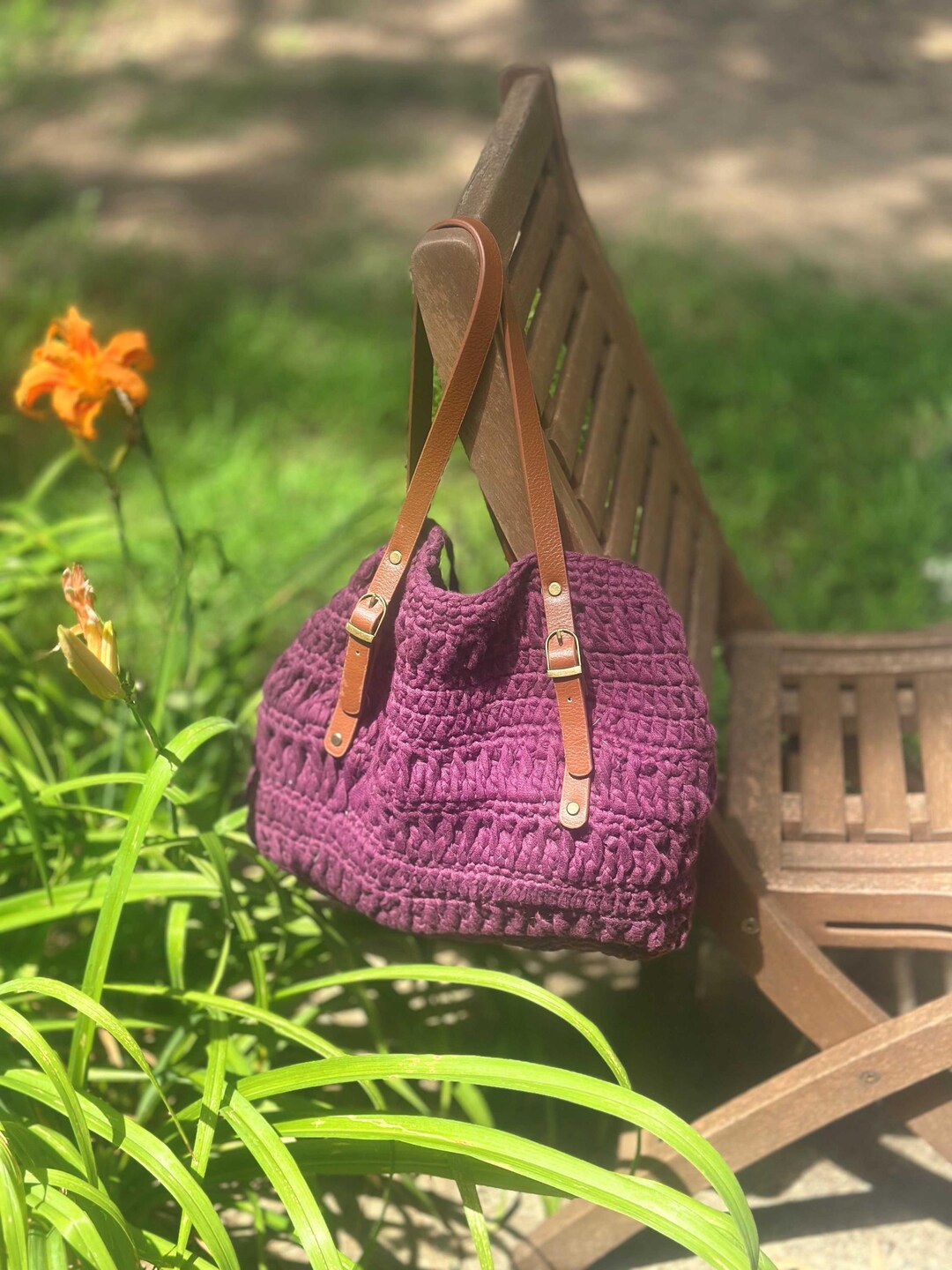 Handmade Crochet Plum Tote Bag: Large Shoulder Bag With PU Leather ...