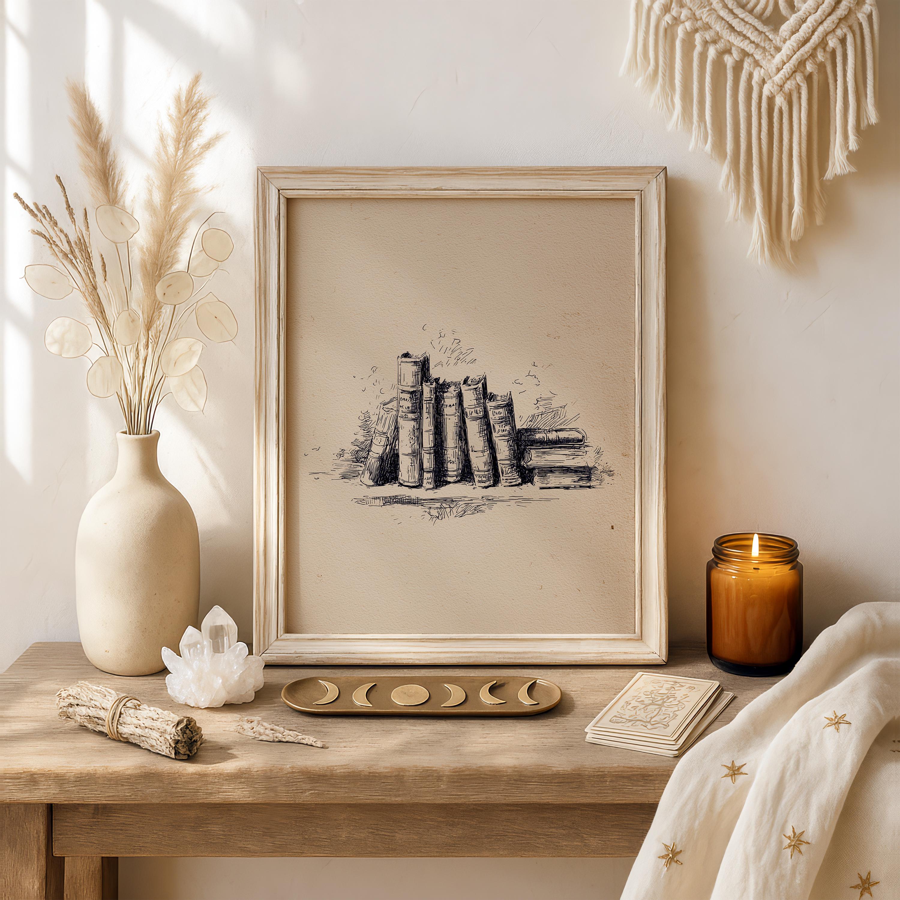 Floral Book Stack Sketch Print | Book Lover Gift | Cozy Reading Nook ...