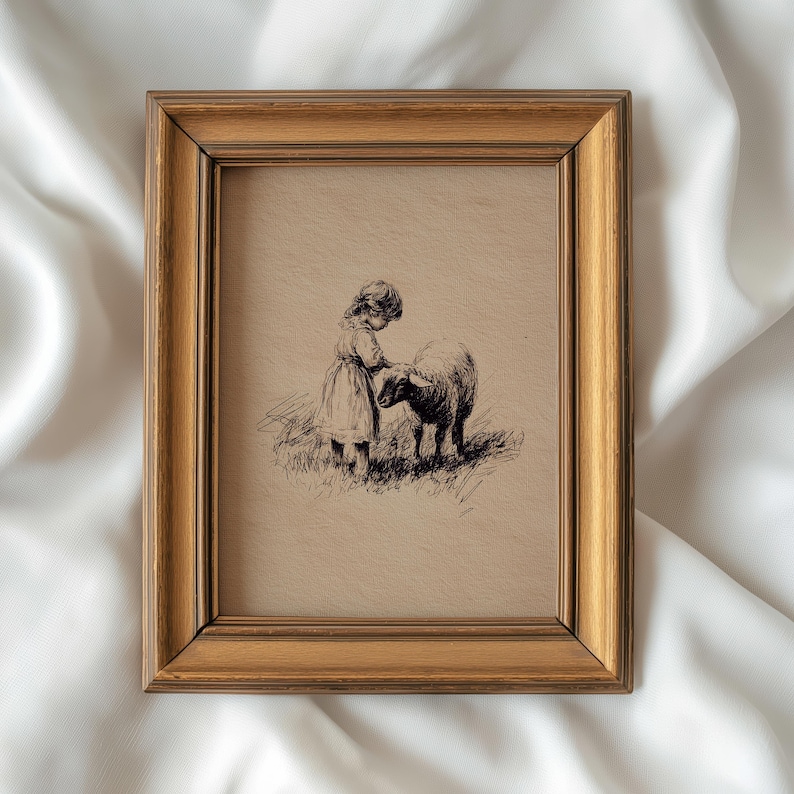 Little Shepherdess Sketch Print | Minimalist Sheep Pastoral Drawing ...