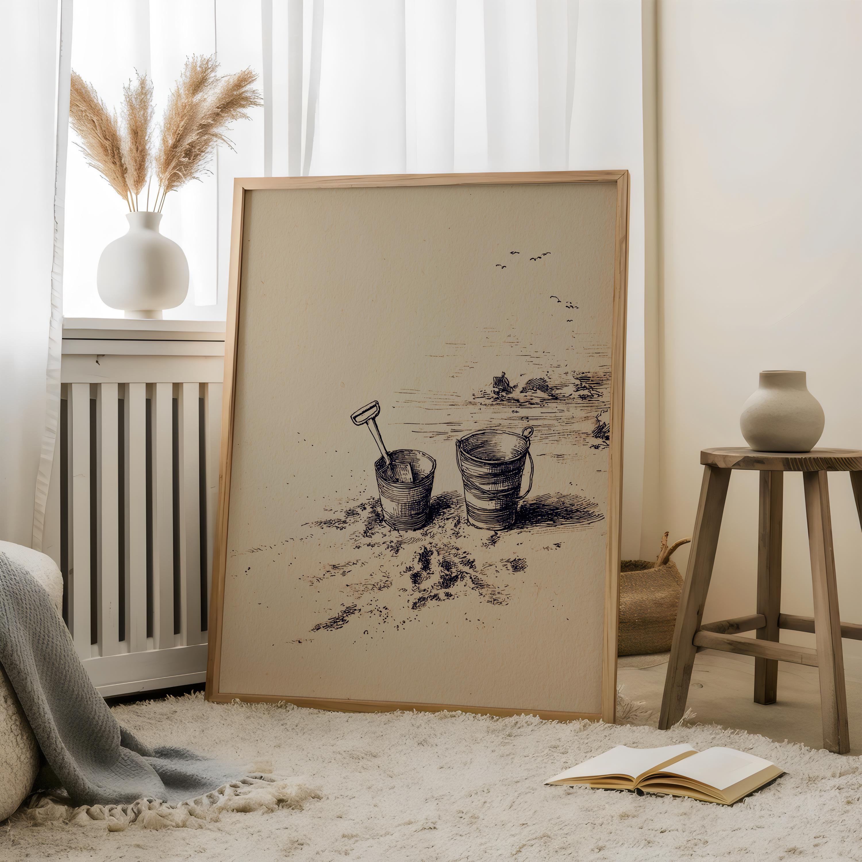 Beach Bucket Sketch Print | Vintage Seaside Sketch | Minimal Coastal ...