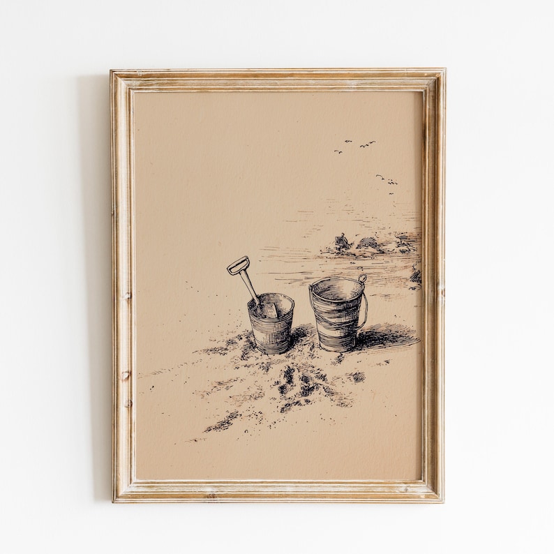 Beach Bucket Sketch Print | Vintage Seaside Sketch | Minimal Coastal ...