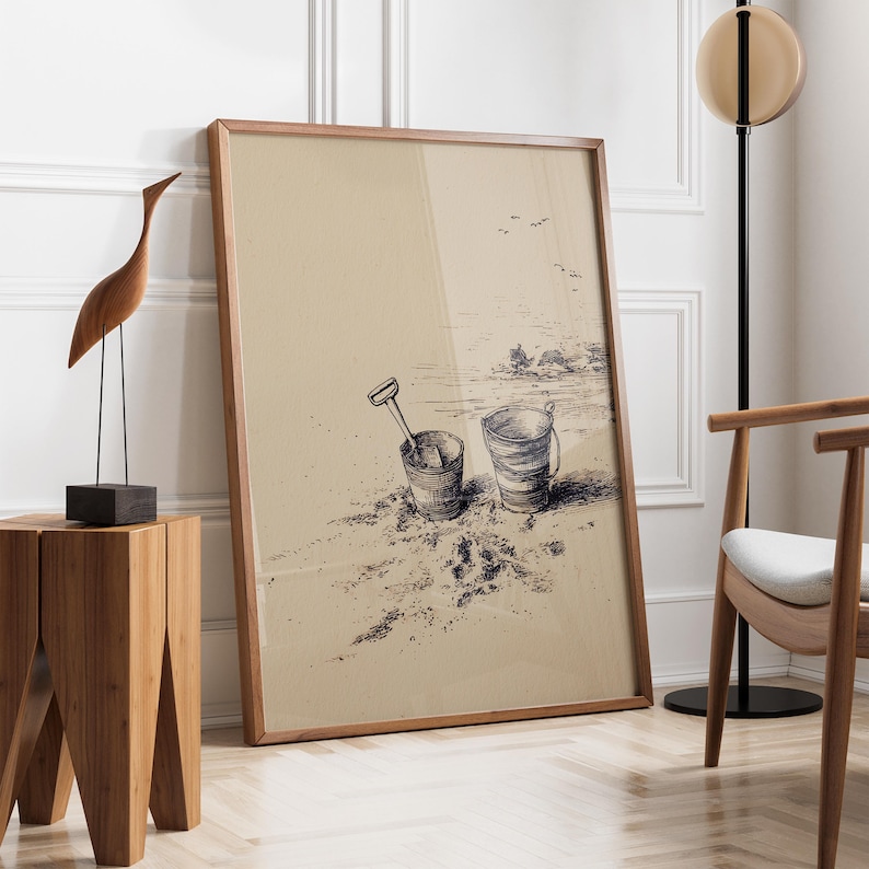 Beach Bucket Sketch Print | Vintage Seaside Sketch | Minimal Coastal ...