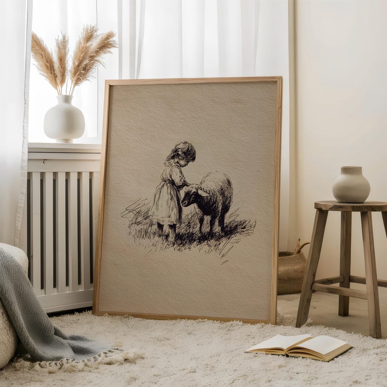 Little Shepherdess Sketch Print | Minimalist Sheep Pastoral Drawing ...