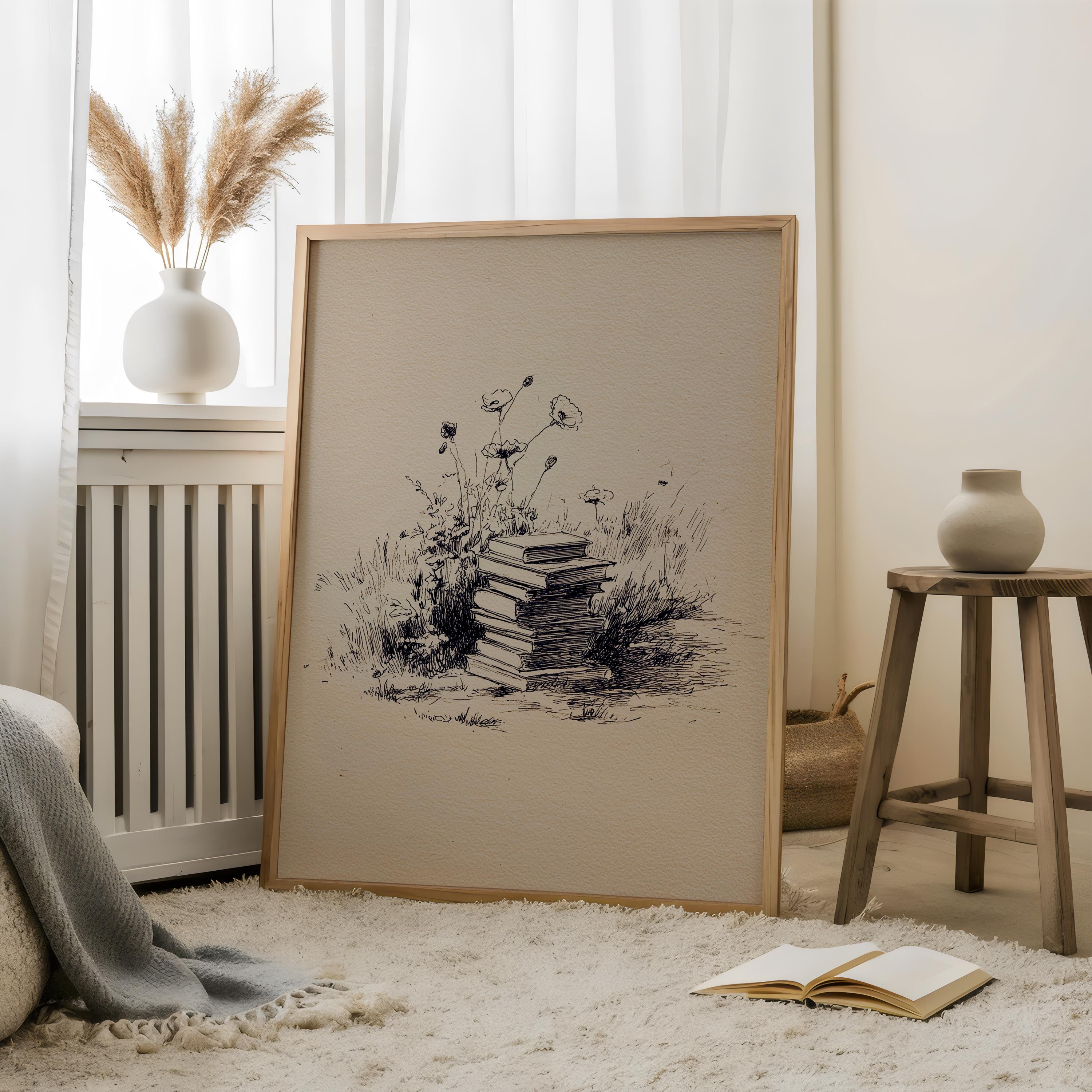 Floral Book Stack Sketch Print | Book Lover Gift | Cozy Reading Nook ...