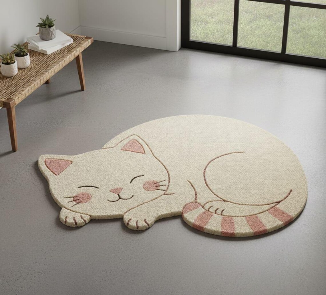 Cute Cat Rug for Kids Room, Nursery Playroom Carpet, Animal Shape Floor ...