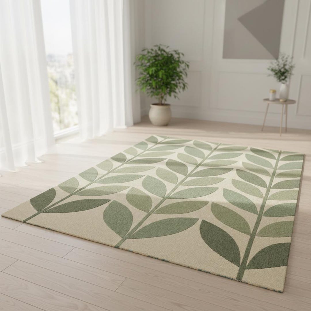 Botanical Area Rug, Green Leaf Pattern Rug, Beige Neutral Modern for ...