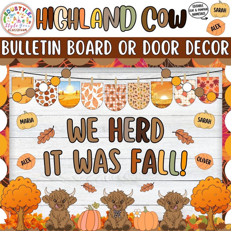 We Herd It Was Fall: Highland Cow Fall Bulletin Board or Door Decor Kit ...