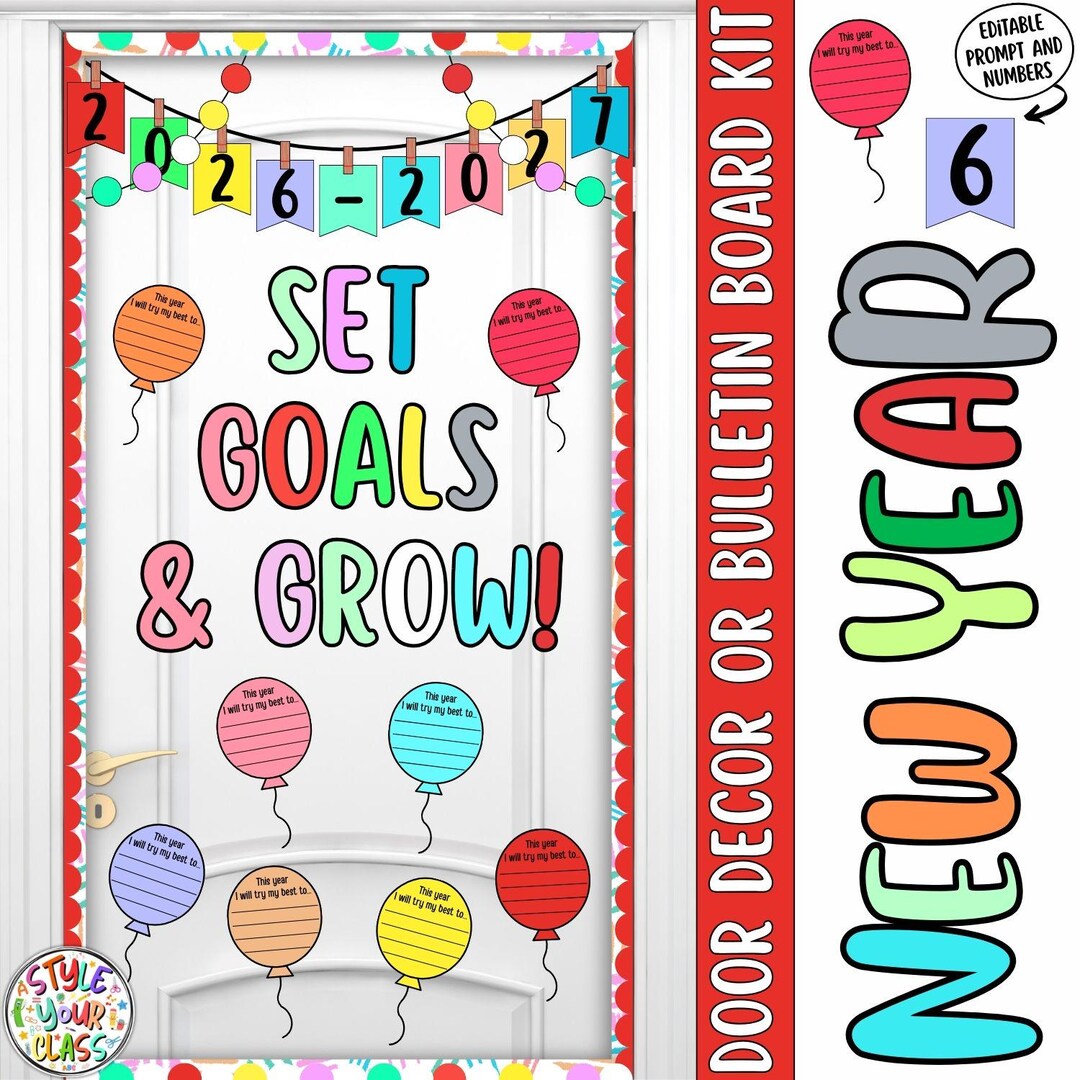 Set Goals & Grow Door Decor or Bulletin Board Kit | New Year Classroom ...