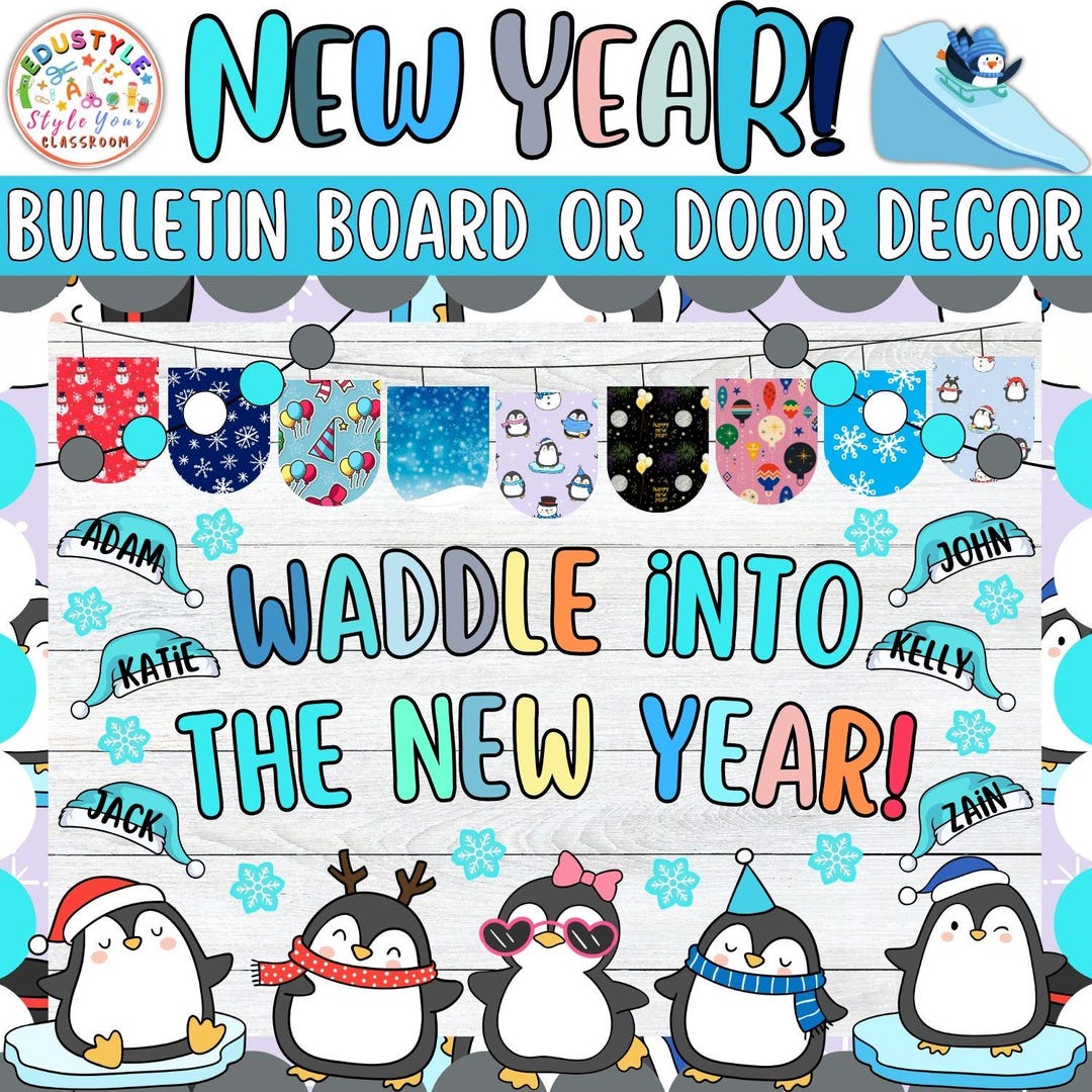 Penguin New Year Bulletin Board Kit: Winter Door Decor (digital ...