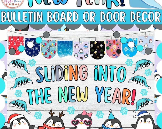Sliding Into the New Year!: Penguin Bulletin Board and Door Decor Kit ...
