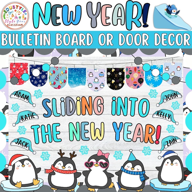 Sliding Into the New Year!: Penguin Bulletin Board and Door Decor Kit ...