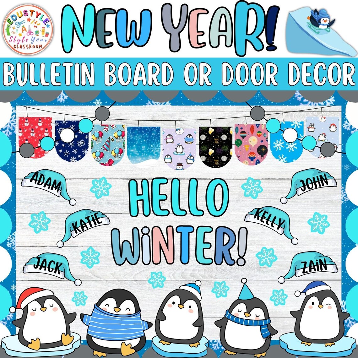Sliding Into the New Year!: Penguin Bulletin Board and Door Decor Kit ...