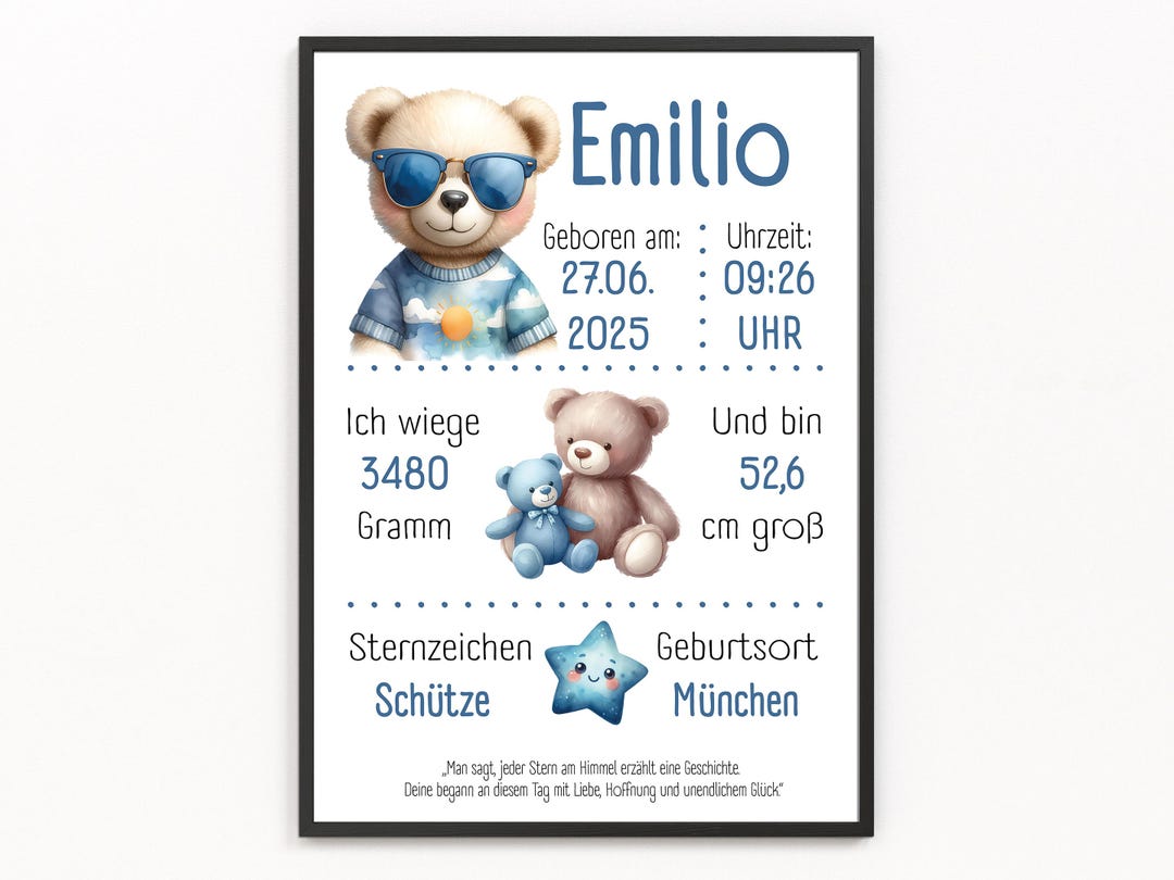 Personalized Birth Poster for Boys | Blue Bear Motif | Birth & Baptism ...