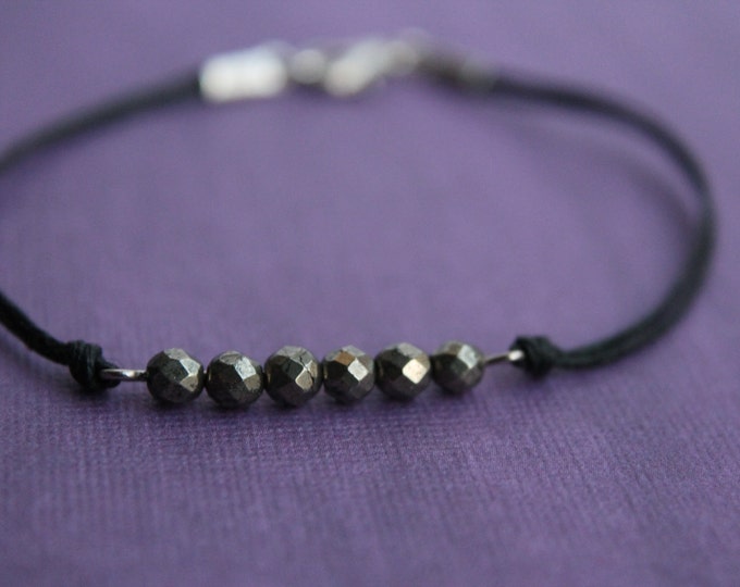 Black Waxed Irish Linen and Pyrite Nugget Bracelet - Etsy