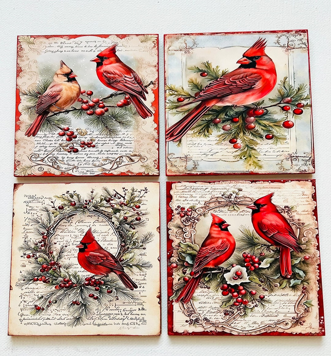 Handmade Set of Four (4) Ea. Solid Wood Red Cardinal CHRISTMAS Coasters ...