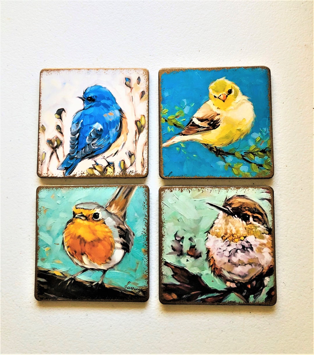 Handmade Set of Four 4 Ea. Solid Wood Bird Coasters - Etsy